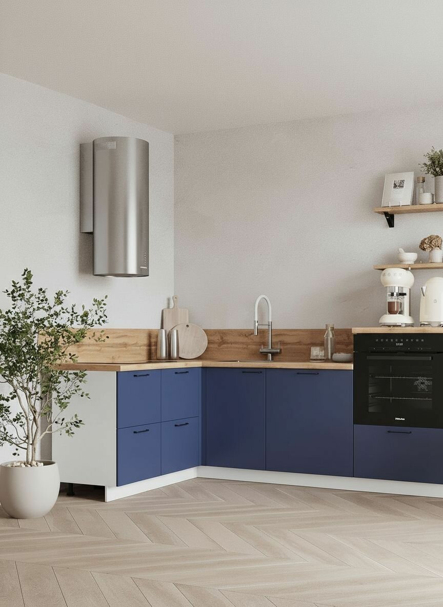 ARNIKA Кухонный гарнитур со столешницей "Дакия" угловой 1,5м*2,25м (с пм) , цвет ежевика (синий), фасад пленка ПВХ