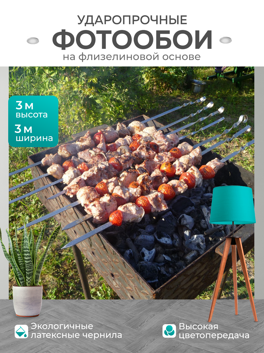 Фотообои моющиеся ударопрочные "Шашлык, мясо, еда" 300x300 см. флизелиновые на стену