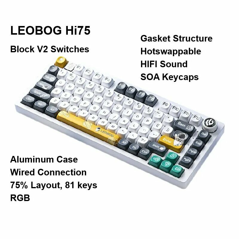 LEOBOG Игровая клавиатура проводная Hi75, Astronaut, Block V2 Switches, SOA Keycaps, Английская раскладка, темно-серый