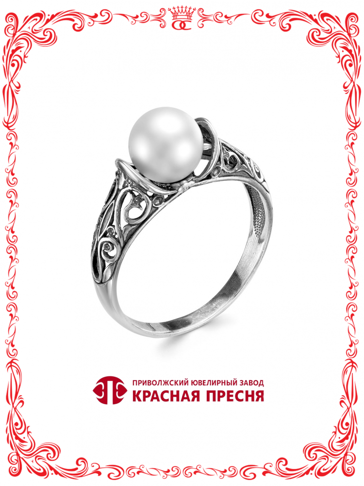 Кольцо, серебро, 925 проба, оксидирование, жемчуг имитация