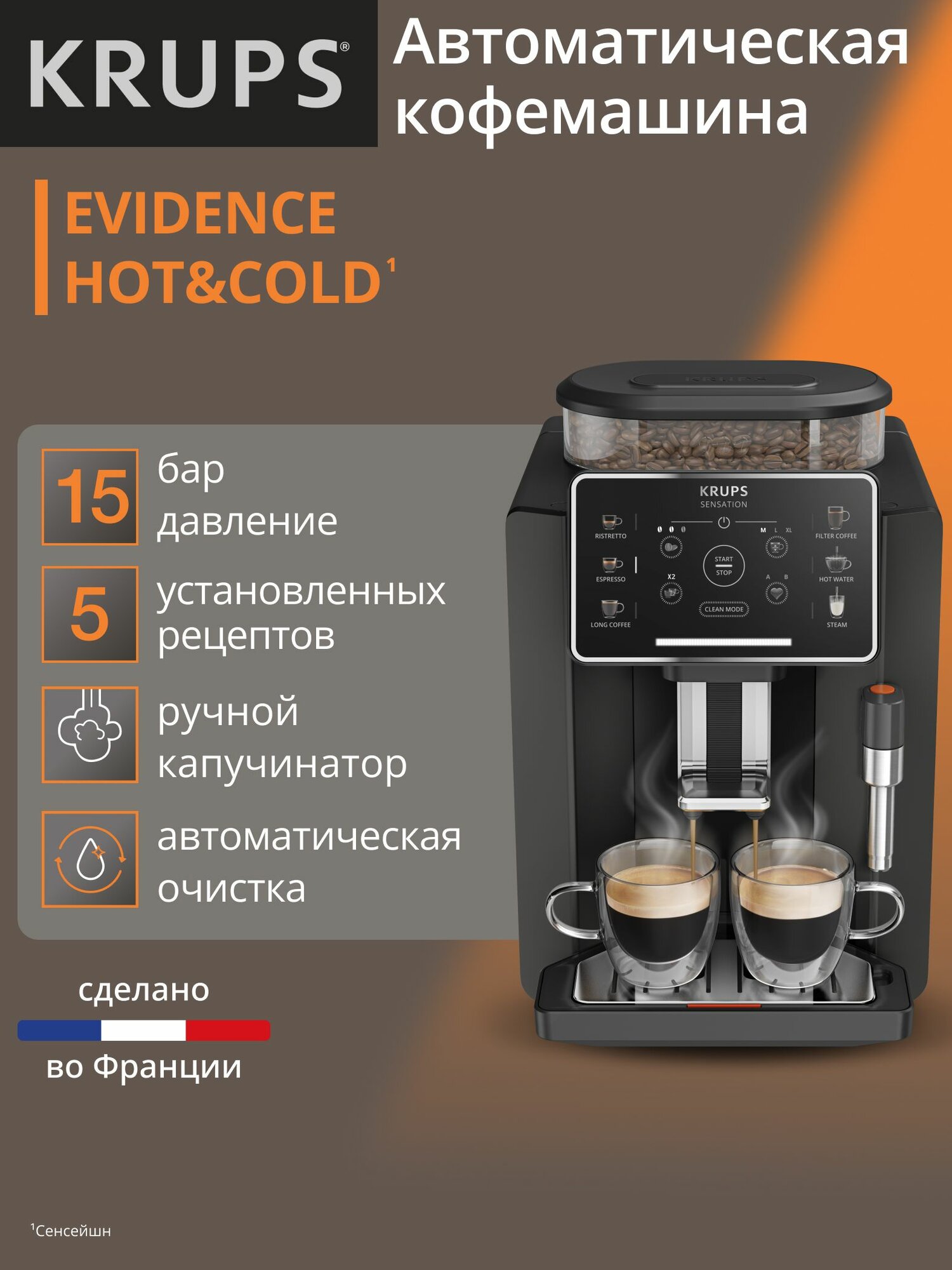 Кофемашина автоматическая Krups Sensation C50 EA910810, с 5 рецептами, паровой трубкой для пены и световой индикацией, черная, Франция