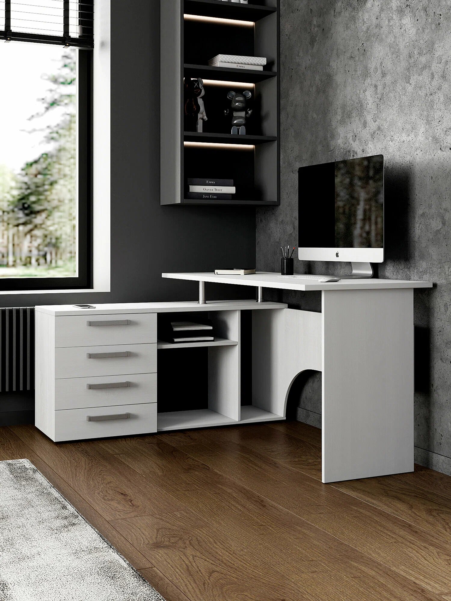 Стол Алькор письменный компьютерный с ящиками и полками угловой 135х58х75 см белый