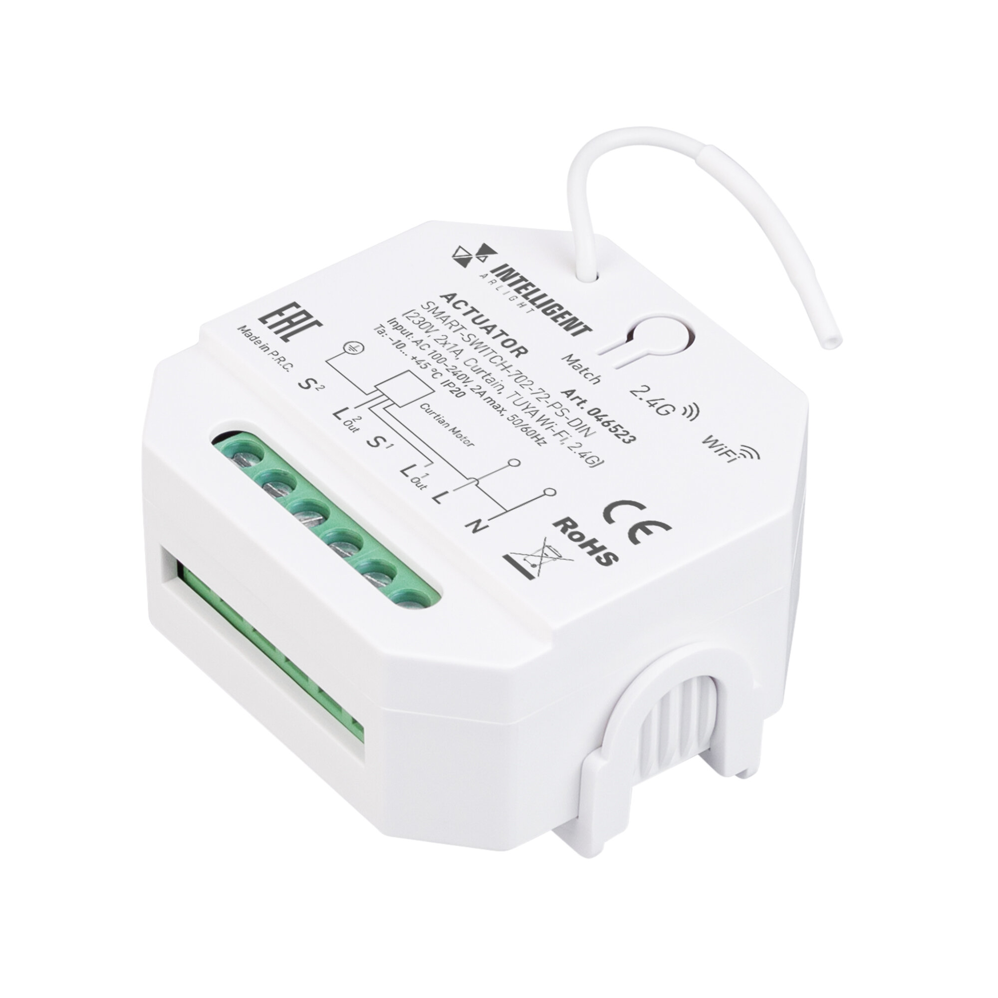 Актуатор Arlight INTELLIGENT ARLIGHT Актуатор SMART-SWITCH-702-72-PS-DIN (230V, 2x1A, Curtain, TUYA Wi-Fi, 2.4G) (IARL, IP20 Пластик, 5 лет)