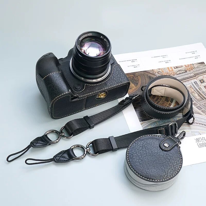 Кожаный чехол для Canon R5/R6/R6II с одноосновным креплением, ремешком и малым мешком, черный - премиум защитный чехол