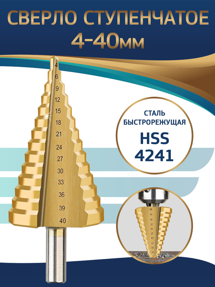 Сверло ступенчатое по металлу 4мм-40мм, быстрорежущая сталь HSS с титановым покрытием 3