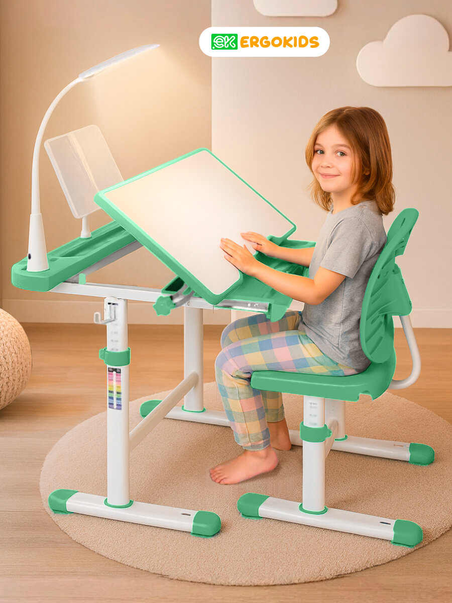 Растущий стол и стул детский комплект с лампой Ergokids Anty EVO-17 зеленый