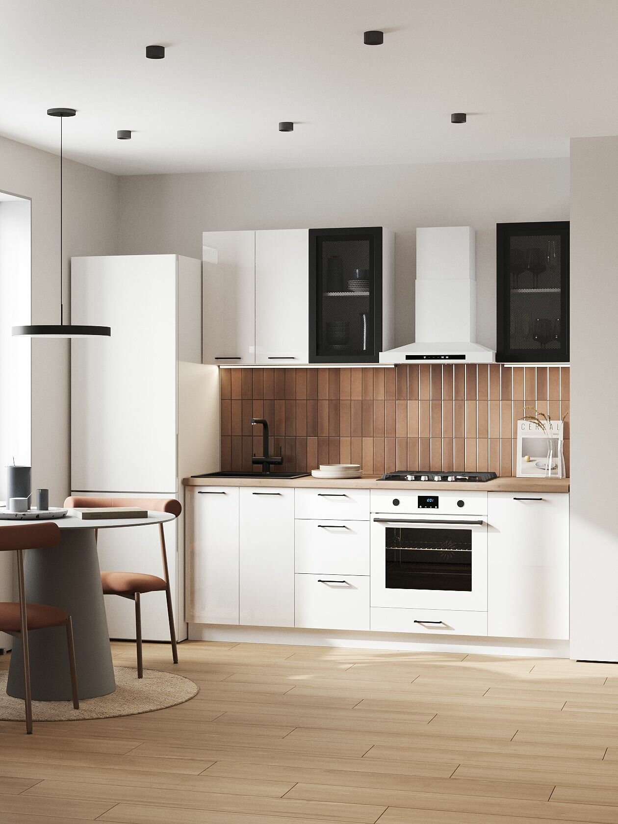 Кухонный гарнитур Стрэйт 2 м, мебель для дома и кухни, Белый / Черный матовый / Белый глянец