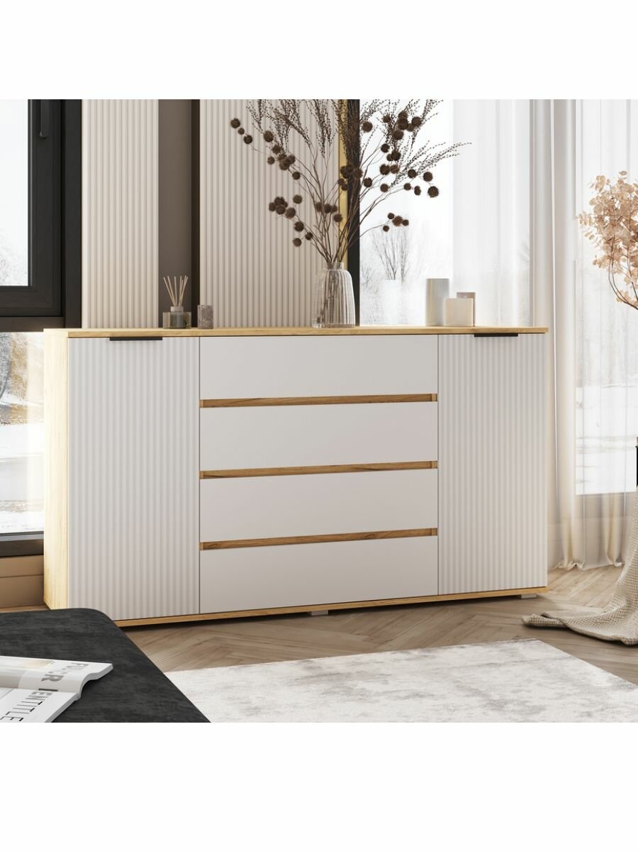 Комод Марвэл МДФ/ЛДСП 1600х900х450, Дуб крафт/Браш Вайт, с ящиками и полками, МИФ