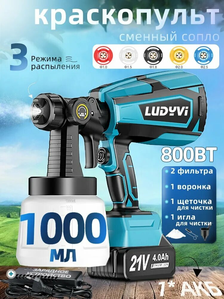 Краскопульт аккумуляторный - электрический пистолет-распылитель высокого давления емкостью 1000 мл, с регулируемым соплом и мощностью 800 Вт