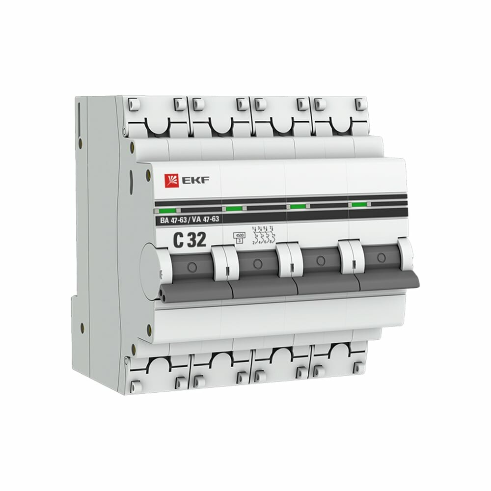Автоматический выключатель EKF PROxima ВА 47-63, 4P, 32А (C), 4,5kA mcb4763-4-32C-pro