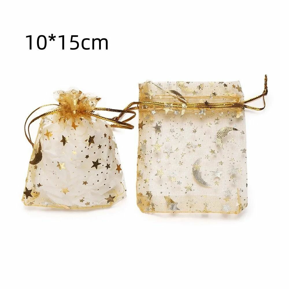 Мешочки подарочные из органзы 10 х 15 см в золоте 50 шт / для хранения украшений, мелочей, подарков
