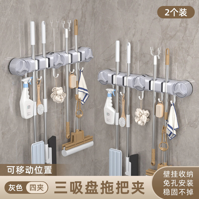 Держатель для швабры на присоске для ванной комнаты, настенная полка для хранения чистящих инструментов без сверления.