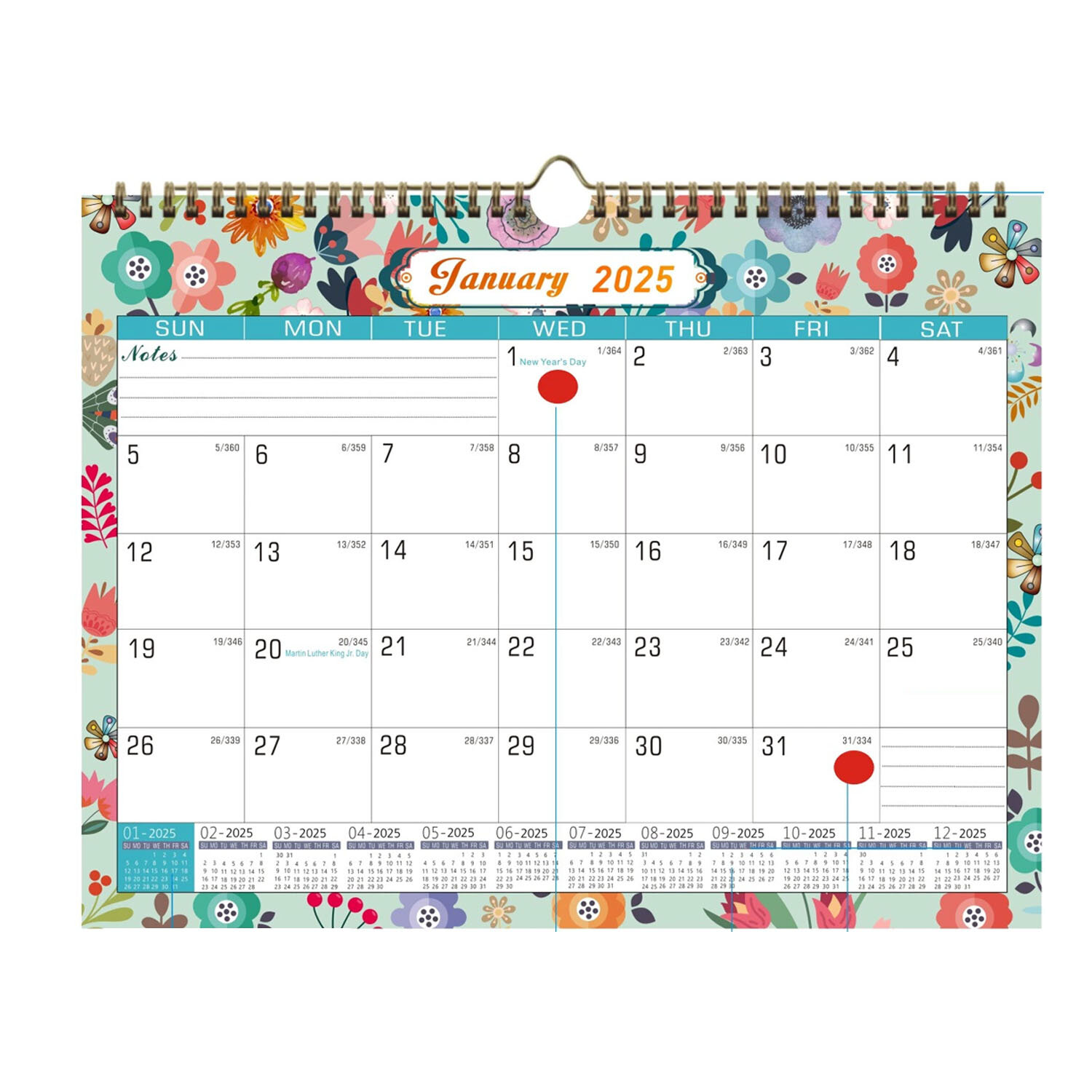 Календарь на стену 2025 - Календарь 2025, Январь 2025 - Декабрь 2025, 12 месяцев, толстая бумага, 14" x 10", двойная проволочная переплетка + крючок для подвешивания + неполосатые блоки с Юлианскими датами, 18 листов, 15 x 12 дюймов, 15 x 12 x 0.95
