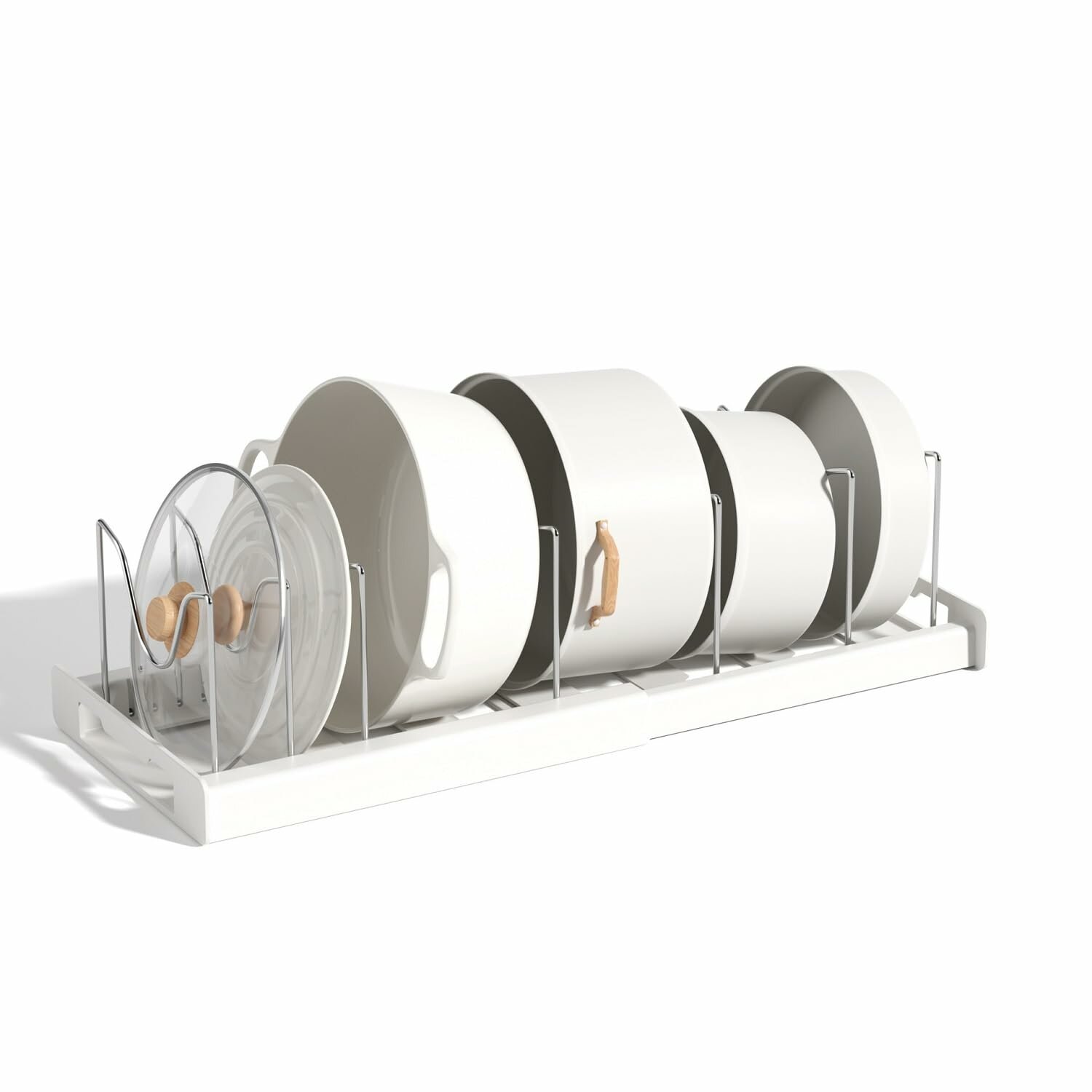 Organizador expandible de ollas y sartenes para gabinete, organizador de tapa de ollas con 7 divisores ajustables de acero inoxidable, longitud expandible de 12 pulgadas a 22 pulgadas, 1 pieza, para organizador de gabinetes de cocina y almacenamiento