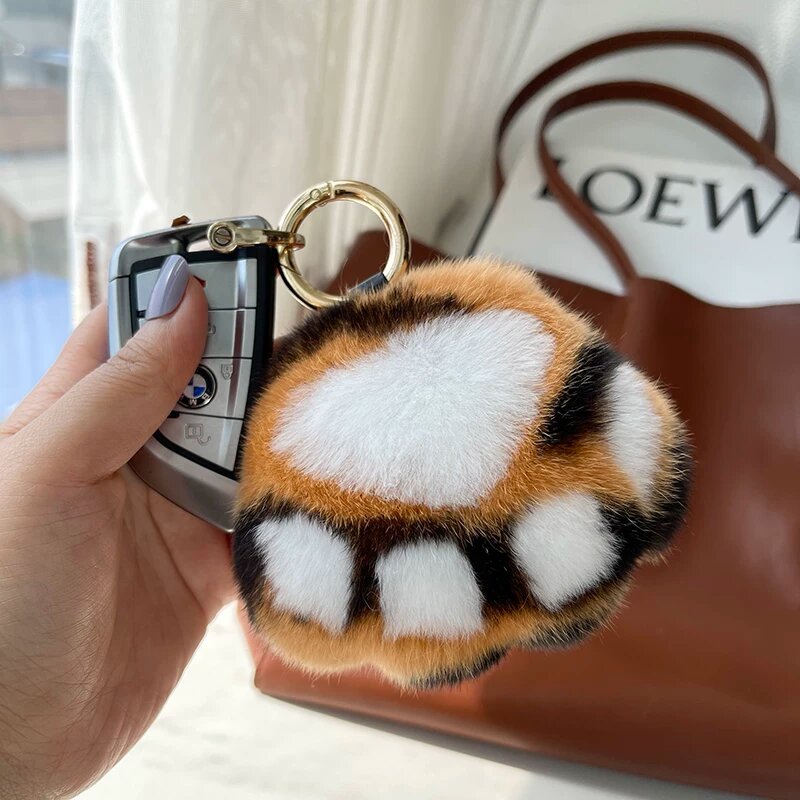 Брелок для ключей из натурального меха кролика рекс с леопардовым принтом, в виде кошачьей лапки, милый плюшевый шарик,