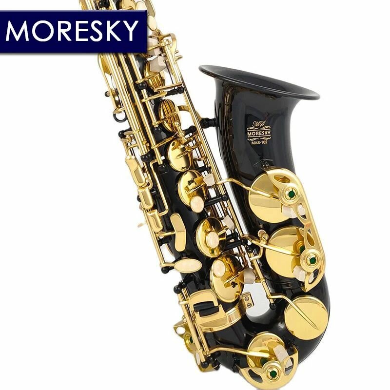 MORESKY Черный альт-саксофон ми-бемоль Eb с золотыми клавишами и футляром - музыкальный инструмент MAS-102