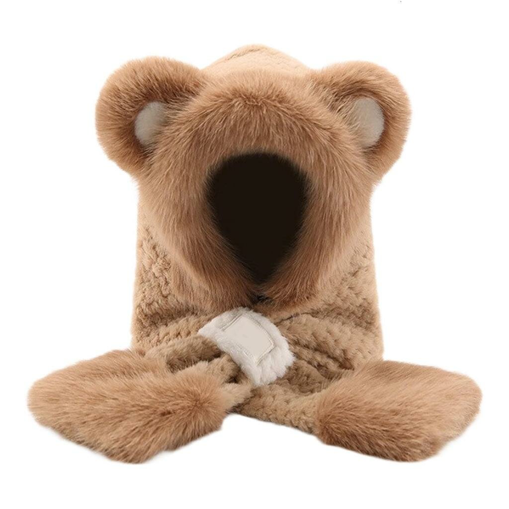 Шапка-шарф с ушками медведя из искусственного меха кролика, Цвет Хаки