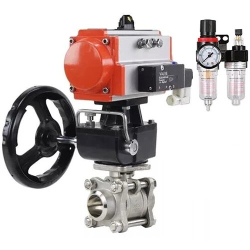 Кран шаровой DN.ru кшпп 316.200-ISO Ду25 Ру63, полнопроходной под приварку, нержавеющая сталь SS316, PTFE, с пневмоприводом DA-052 двойного действия, с пневмораспределителем PND2-S1EM-52-1NC-J08-220VAC, с ручным дублером HDM-1, с БПВ APU1-10-40-V08