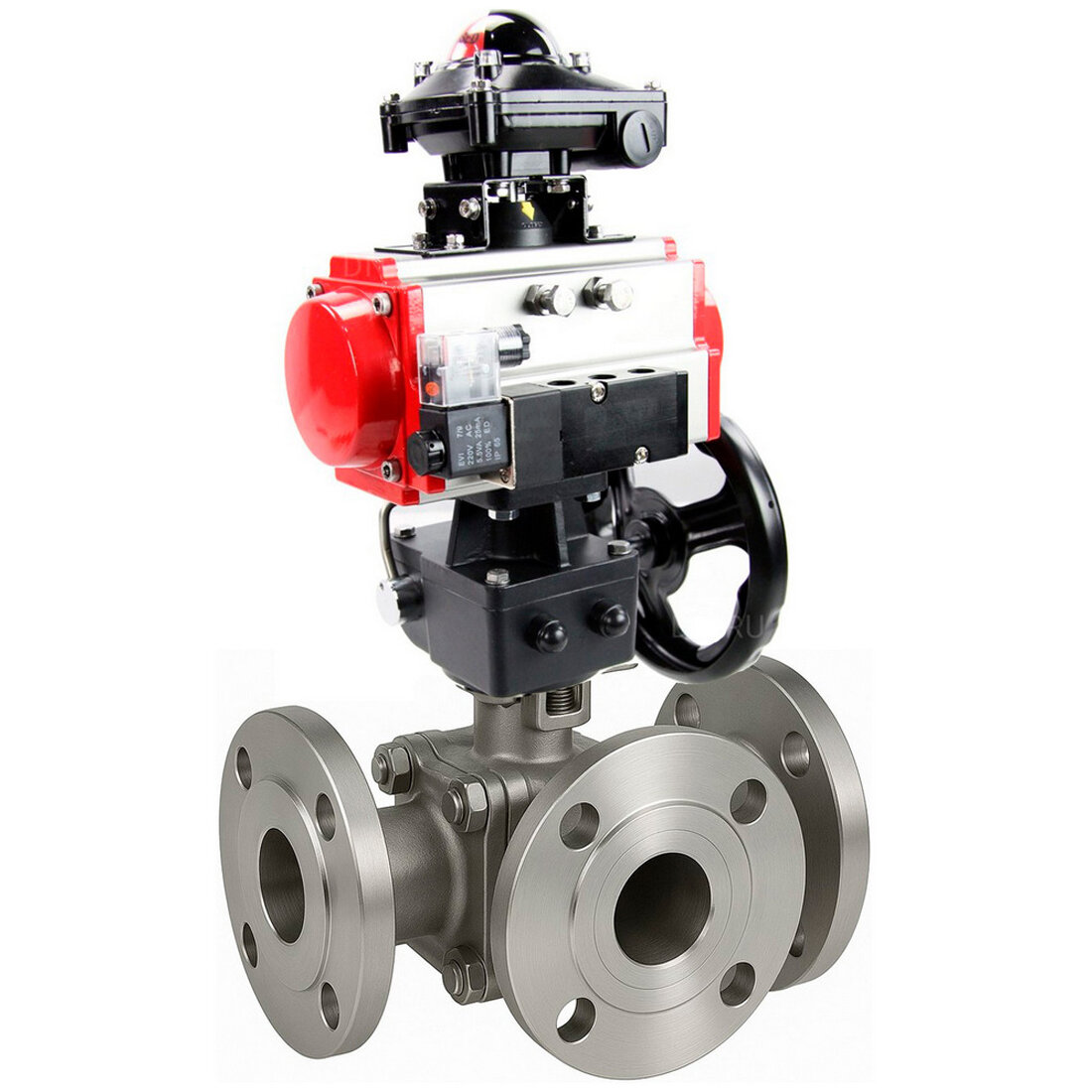 Кран шаровой DN.ru 316-316-PTFE-FP-3L-F-ISO-H Ду50 Ру16 HYMT, трехходовой L-тип, полнопроходной, фланцевый, корпус нержавеющая сталь SS316, с пневмоприводом DA-065, пневмораспределителем 220VAC NAMUR, дублер HDM-1 и БКВ LSB-410-02ExM12-250 (опрессовано)