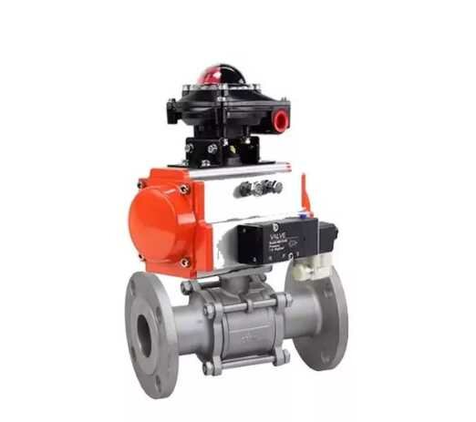 Кран шаровой DN.ru кшфпт 304.180 Ду50 Ру40 фланцевый, полнопроходной, трехсоставной, корпус нержавеющая сталь 304, уплотнение PTFE, с пневмоприводом DA-065, пневмораспределителем PND1-S2EM-52-2-T10-220VAC, БКВ LSB-210-02NM12-220/24 и БПВ APU1-10-40-V08