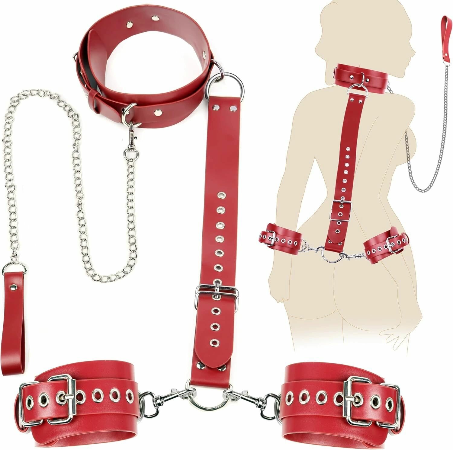 Кожаный набор для взрослых с наручниками и ошейником, регулируемая цепь, маска для глаз, аксессуары для ролевых игр для женщин, BDSM игрушки