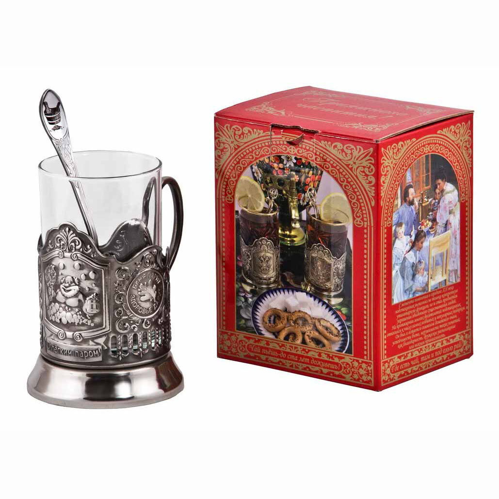 Набор для чая "Баня" (3 пр.) карт. коробка, стекл. стакан, штамп, ложка-нерж. грав. ПД-355/1КС