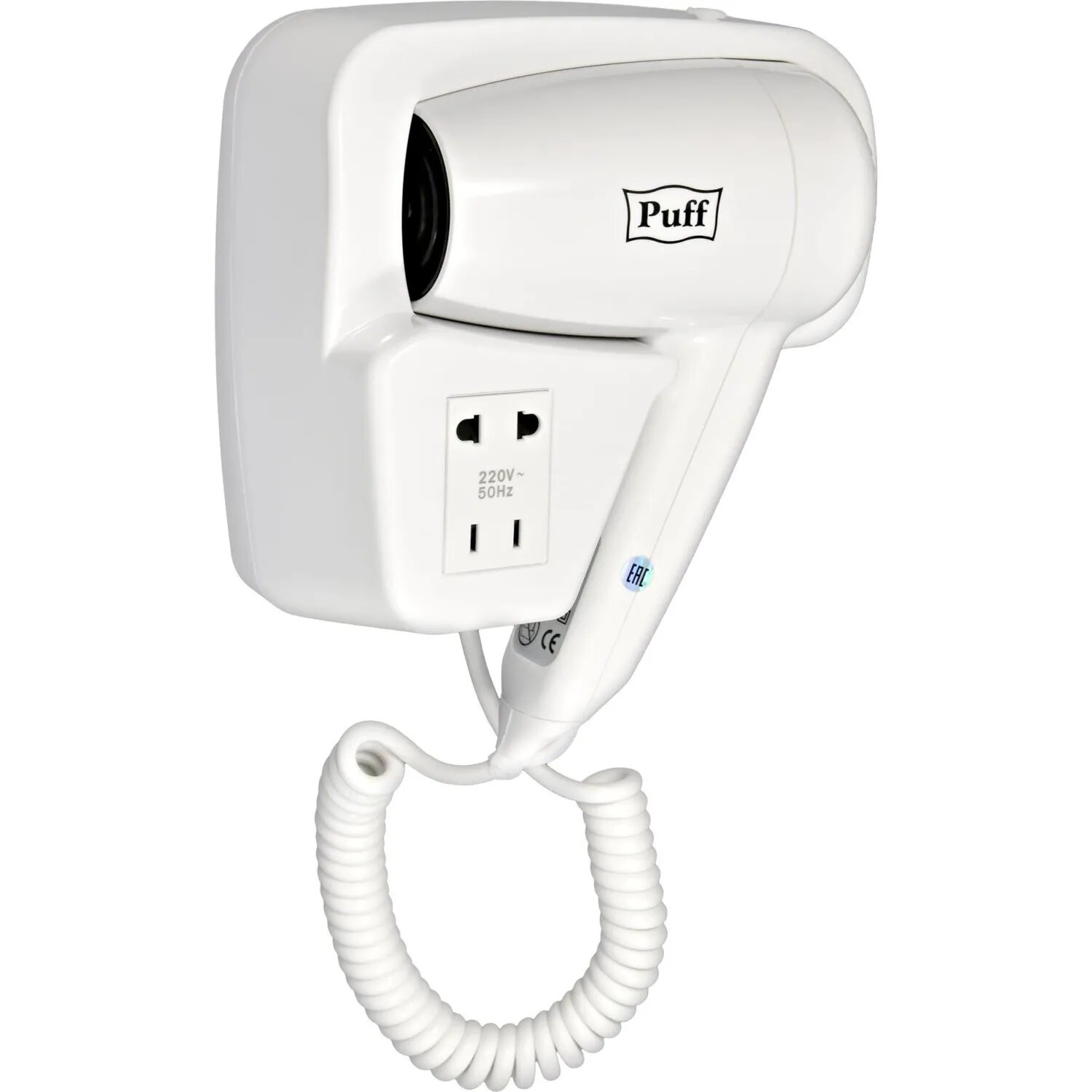 Фен Puff-1200B, белый, 1.2 кВт, с доп. розеткой