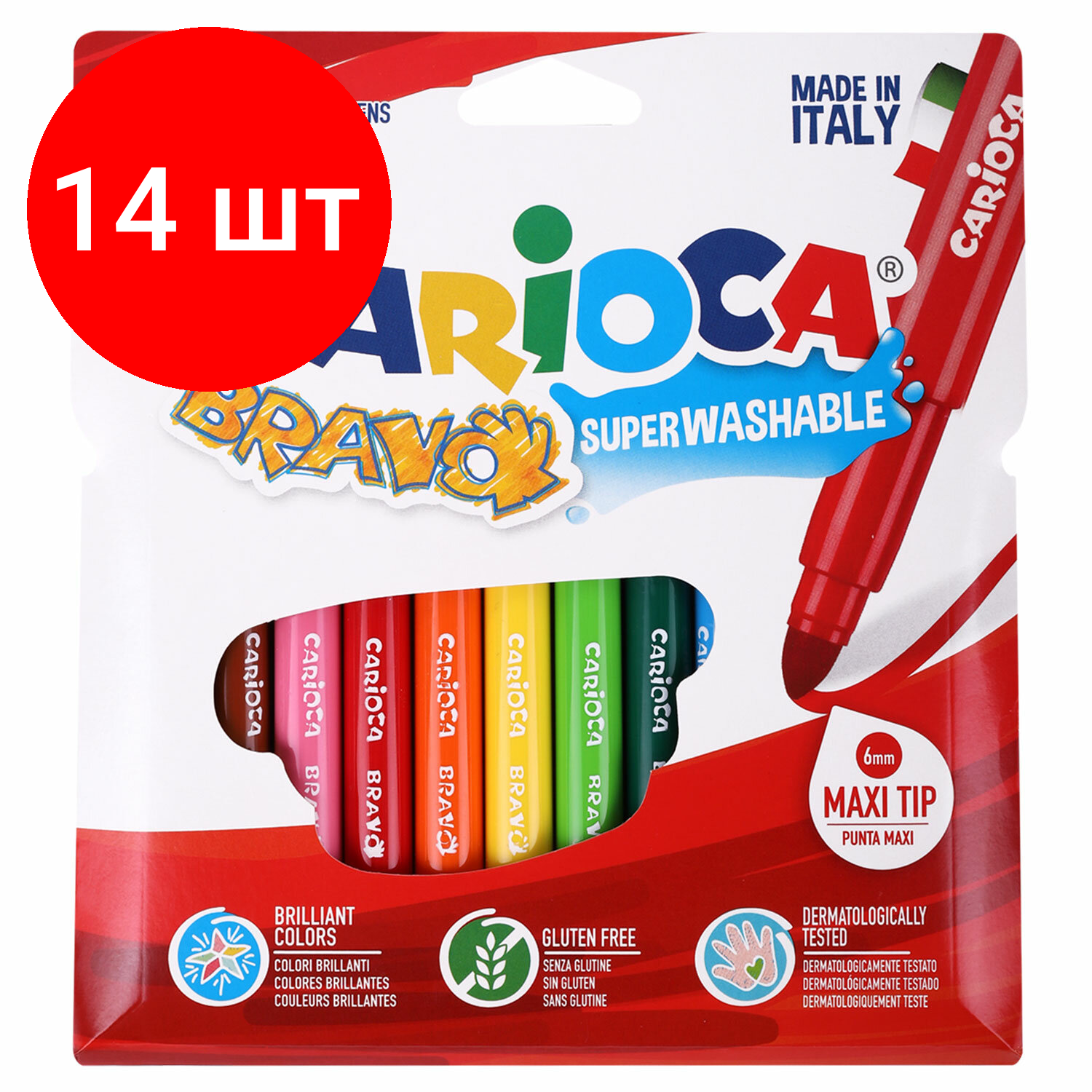 Комплект 14 шт, Фломастеры утолщенные CARIOCA"Bravo", 12 цветов, суперсмываемые, 42755