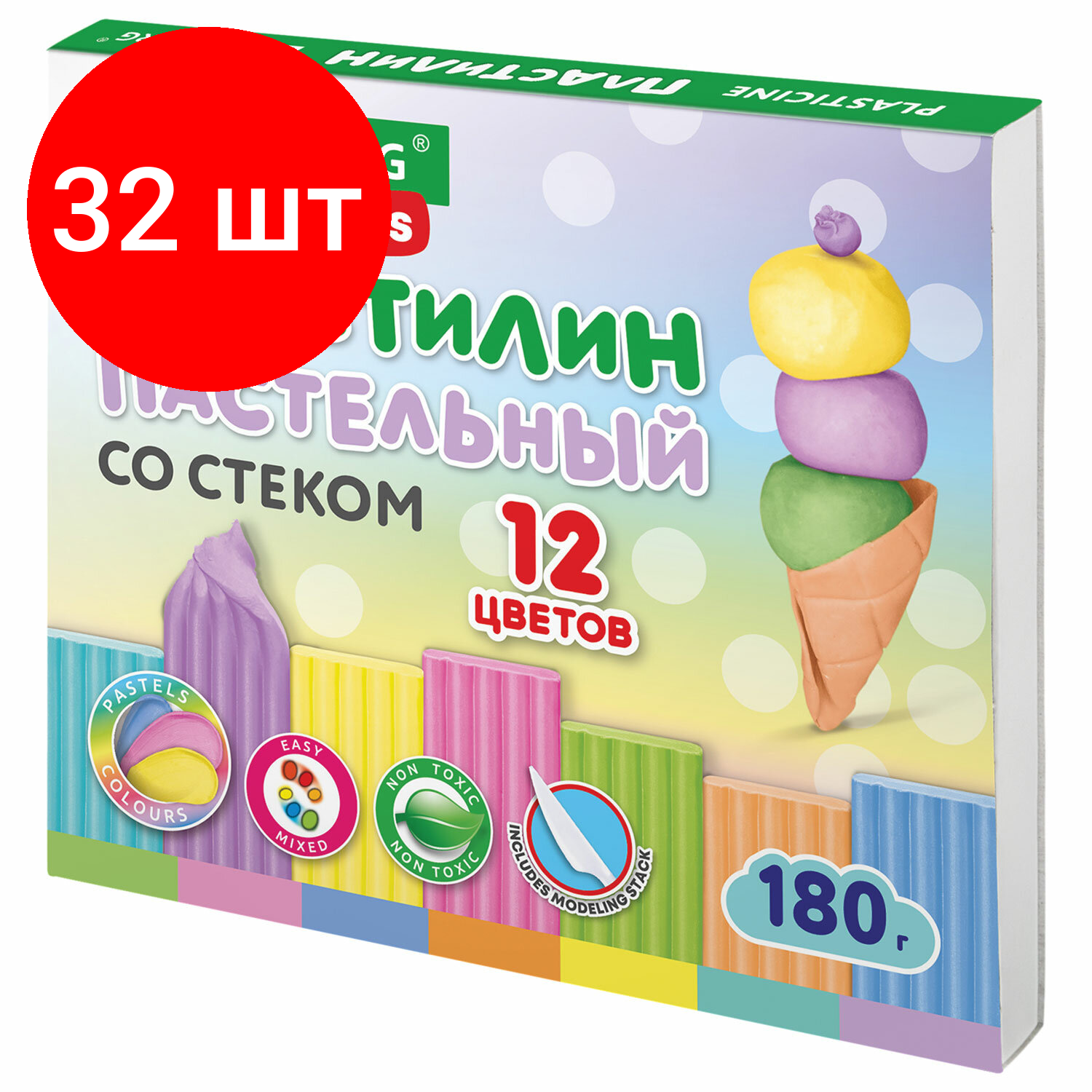 Комплект 32 шт, Пластилин классический пастельные цвета BRAUBERG KIDS, 12 цветов, 180 грамм, стек, 106681