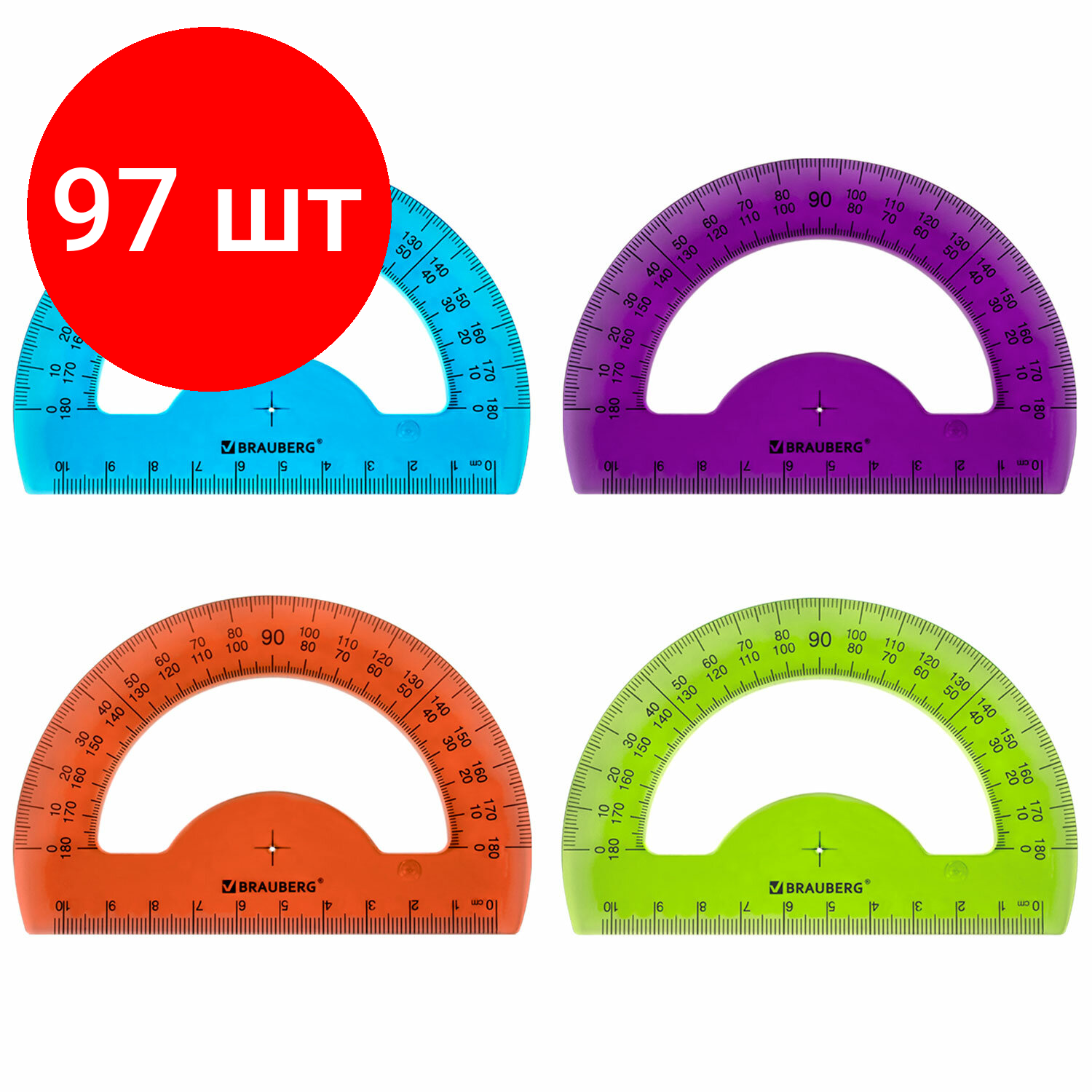 Комплект 97 шт, Транспортир 10 см, 180 градусов, пластик, BRAUBERG "FRUITY", тонированный, ассорти, европодвес, 210768