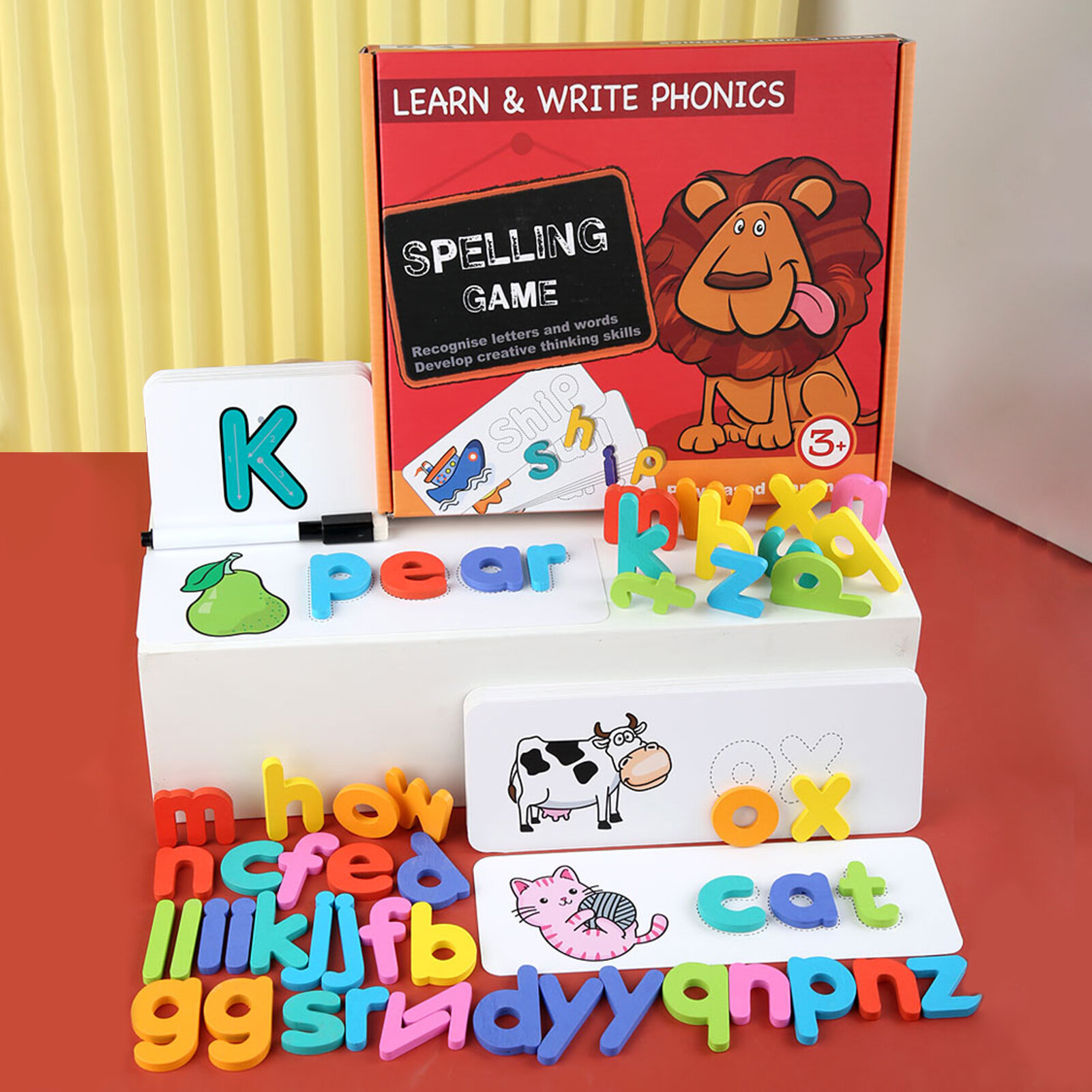 Игровой набор для обучения чтению и письму Montessori STEM, 26 двухсторонние карточки, 52 деревянные буквы, 26 карточки для письма, водяной ручка, для детей 4-6 лет