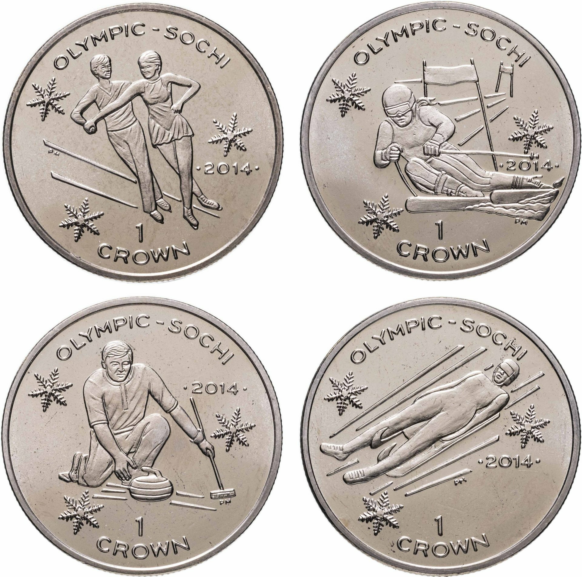 Остров Мэн набор монет 1 крона 2014 "XXII зимние Олимпийские Игры, Сочи 2014" 4 штуки, Мельхиор медь-никель, в сохранности UNC