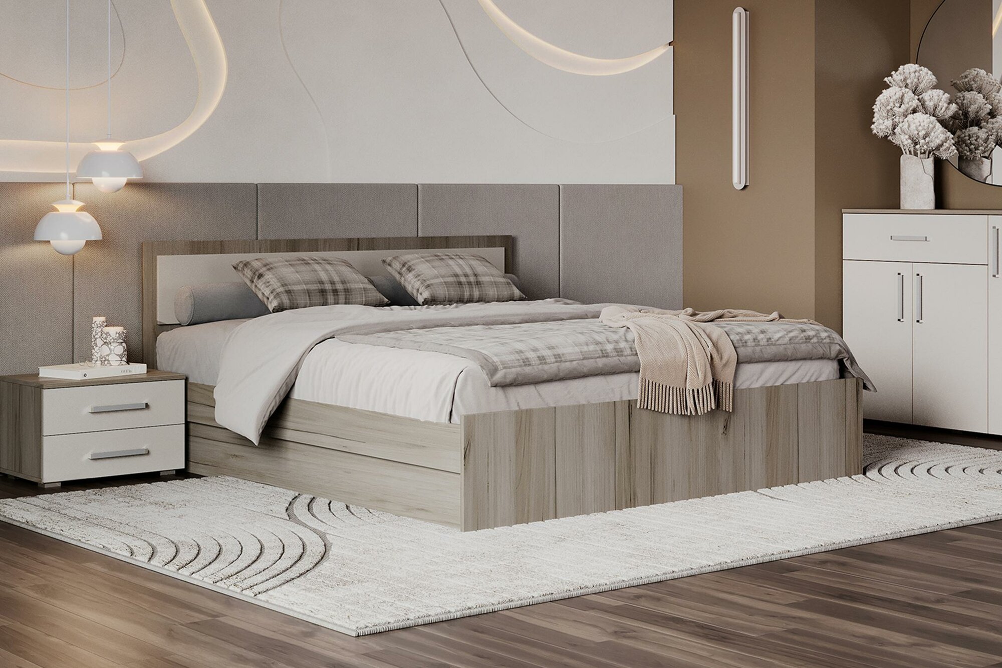 Кровать двуспальная, 160х200 см, Фиеста NEW (Нью), 163.5х203.7х80 см, ЛДСП, Кашемир / Дуб Крафт Серый
