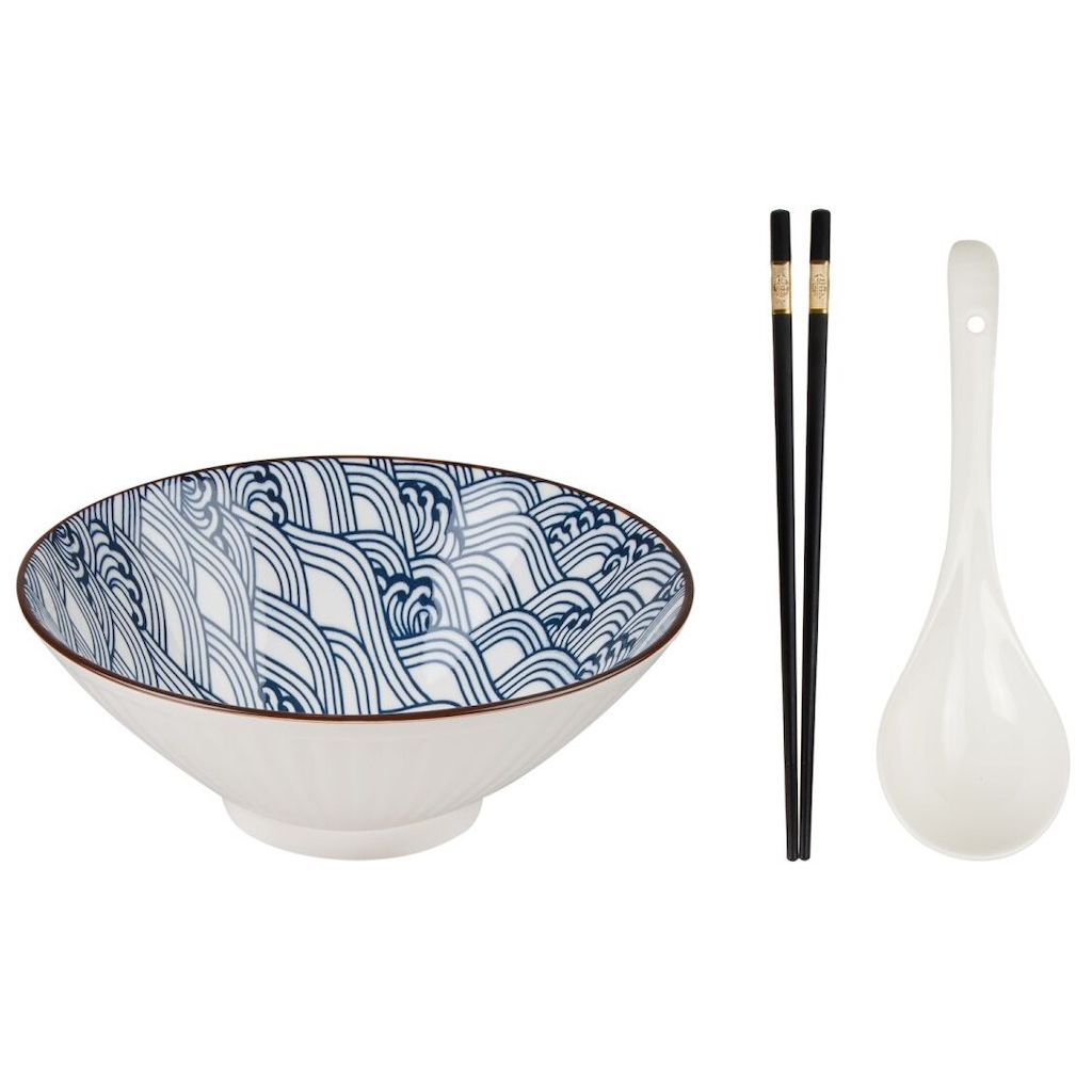 Тарелка суповая глубокая керамическая с ложкой и палочками для еды PERFECTO LINEA Ramen wave (17-950001)