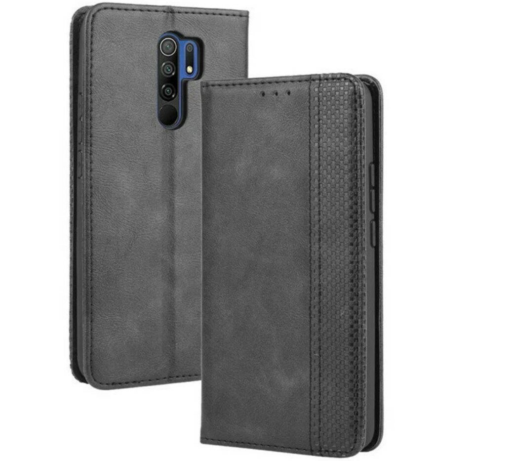 Чехол-книжка MyPads для Xiaomi Redmi 9 из импортной кожи прошитый элегантной прострочкой черный с магнитной крышкой