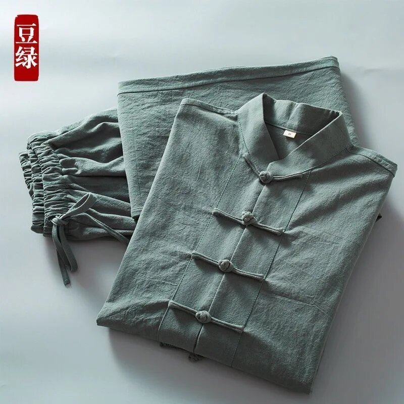 Мужской традиционный китайский костюм Тан UHYTGF хлопковый льняной XXL 62.5-67.5kg, 2pcs green set