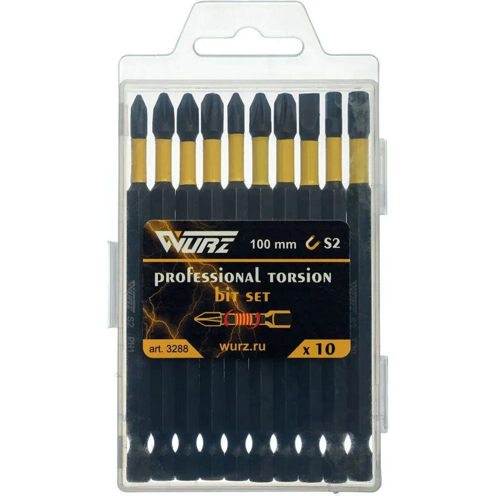 Набор торсионных магнитных бит WURZ 100мм, PH1, PH2(2), PH3, PZ1, PZ2, PZ3, T30, SL5.5, H4, 10шт/бокс
