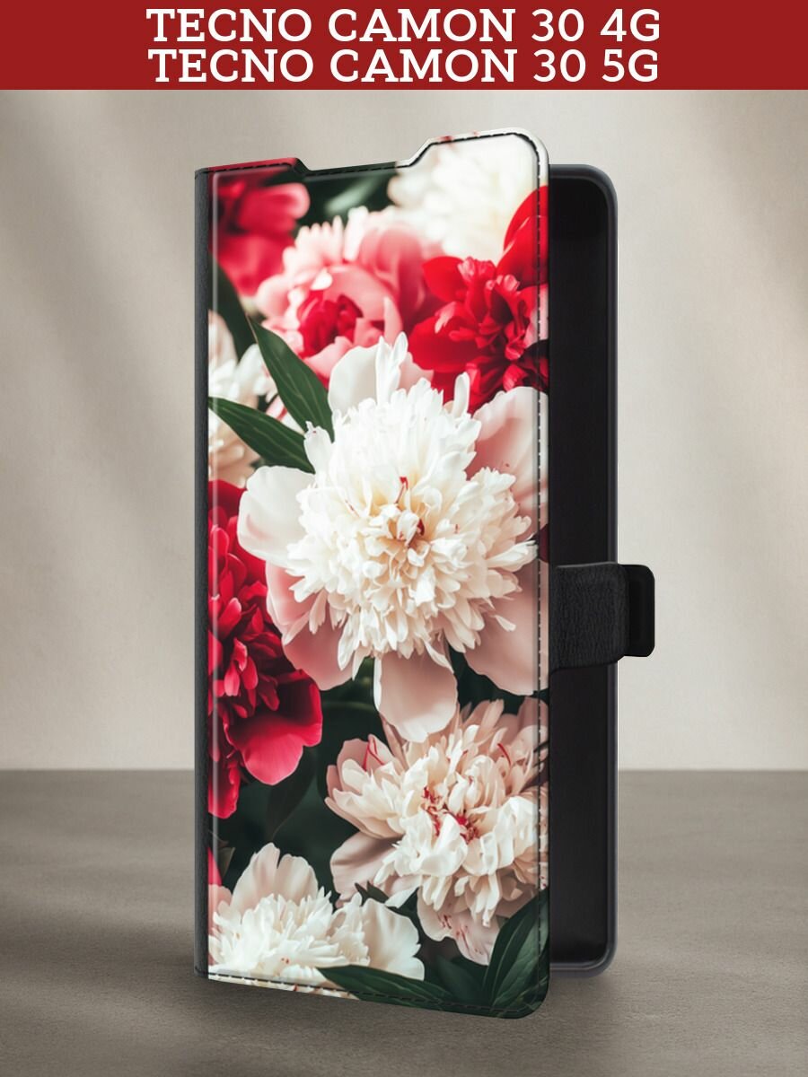 Чехол-книжка на Tecno Camon 30 4G/Tecno Camon 30 5G / Текно Камон 30 4G/Камон 30 5G с принтом Красивый букет, черный