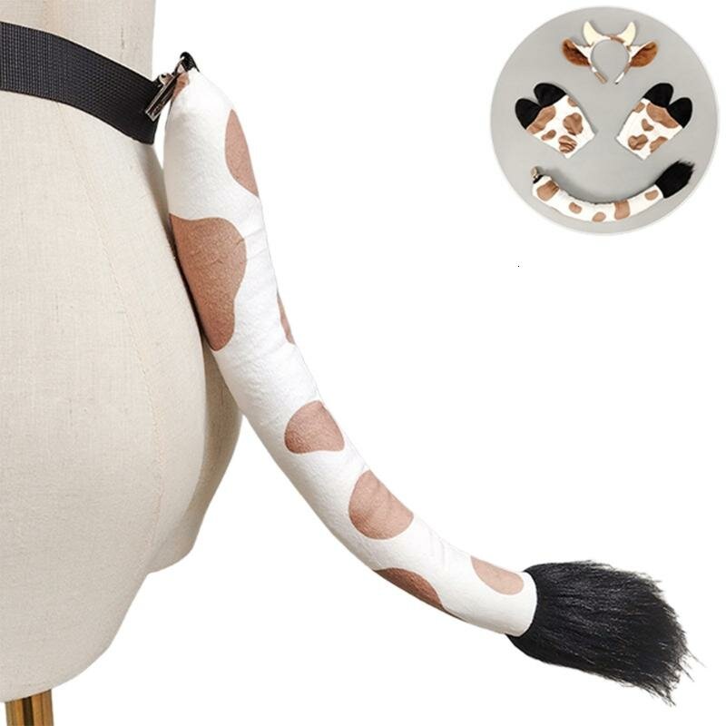 Костюм коровы с ушами, перчатками-лапами и хвостом, Коровий хвост коричнево-белый
