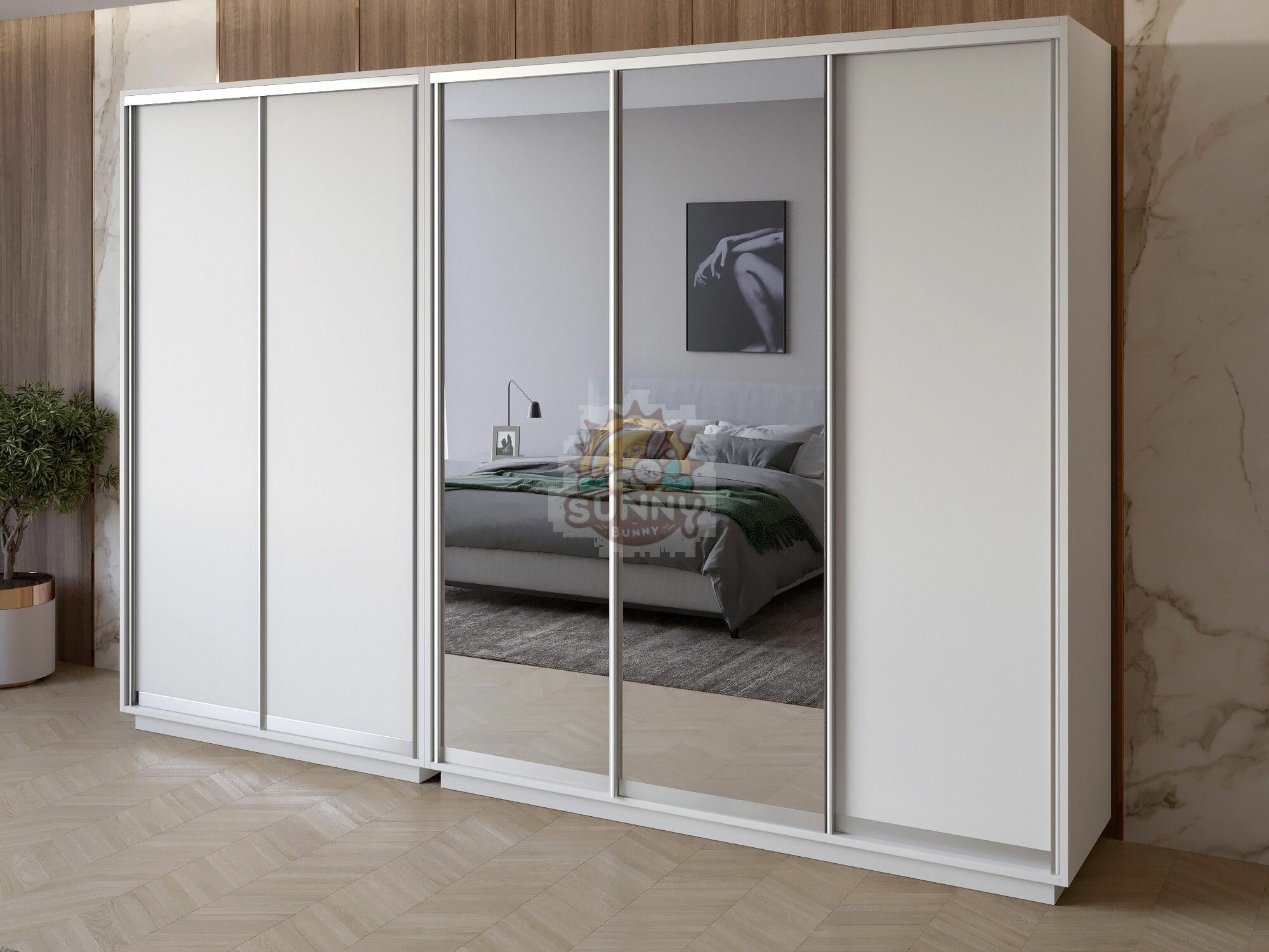 Шкаф-купе Вилли 5-ти дверный модульный (лайт2+3) ЛДСП-3/Зеркало-2, профиль серебро, 300х60х220 см. Белый снег