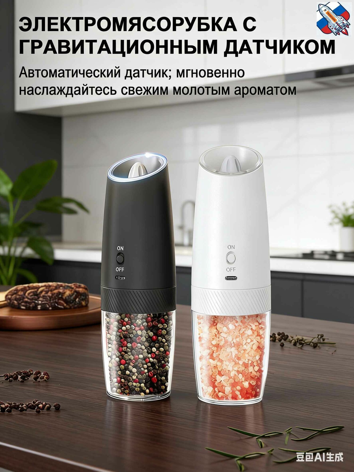 Электрическая мельница для специй с подсветкой и зарядкой от USB, автоматическое дозирование, набор из 2 шт
