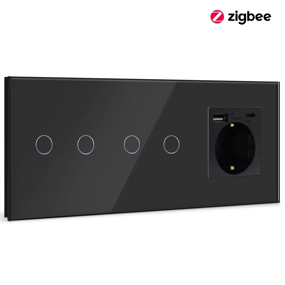 Сенсорный выключатель умный Zigbee без нуля на с розеткой с USB и type-C, 4 клавиши 1 розетка, рамка стекло Черная, 228mm