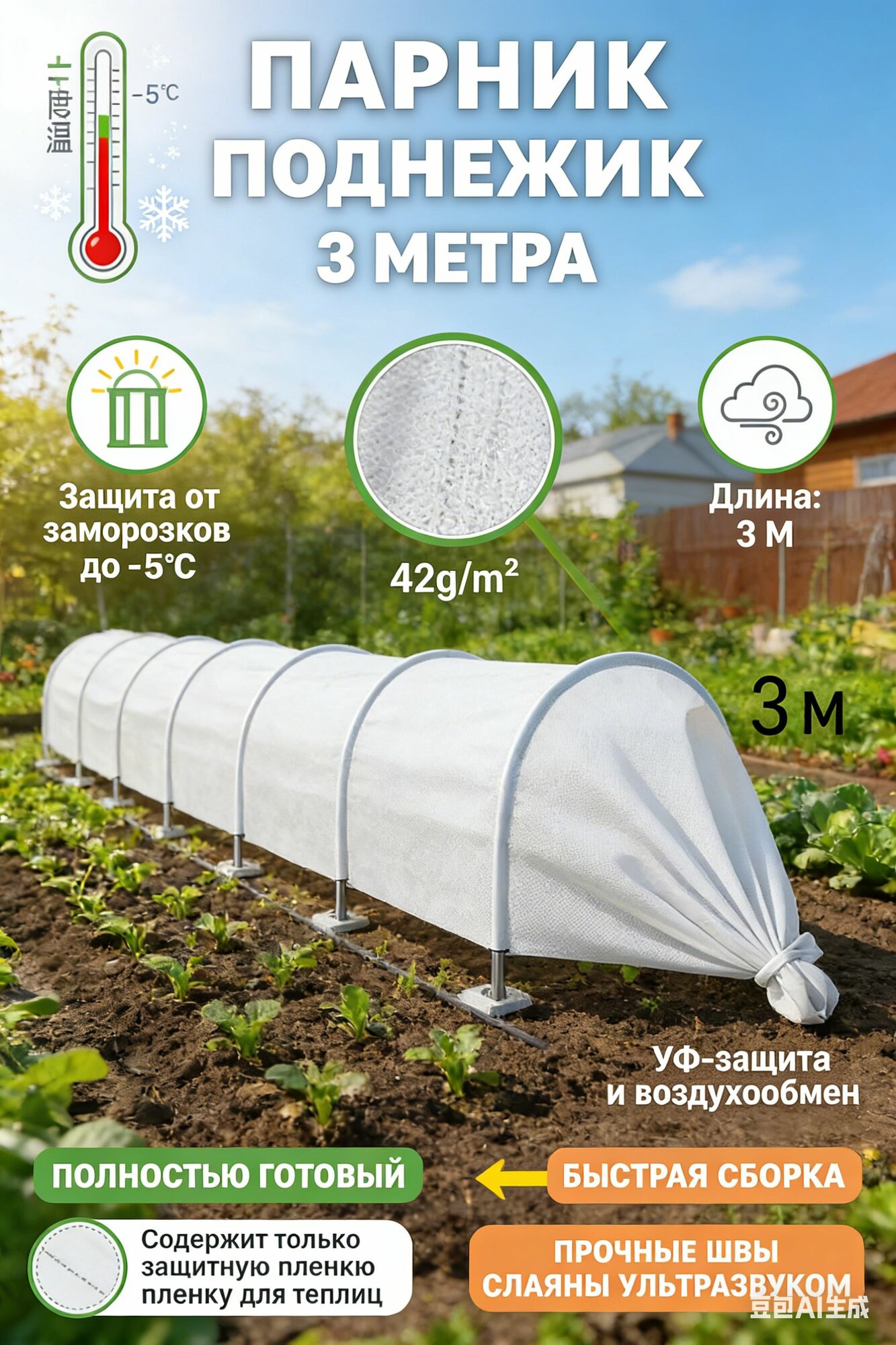 Пленка для покрытия арочной теплицы, 3 м, из спанбонда плотностью 42 г/м2, используется в качестве укрывного материала для защиты теплицы от мороза и солнца