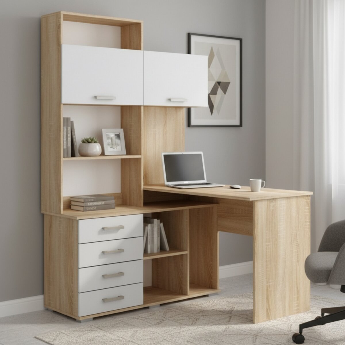 Стол компьютерный письменный угловой Памир ПКС-11 правый, с полкой надстройкой и выдвижными ящиками, белый/дуб сонома
