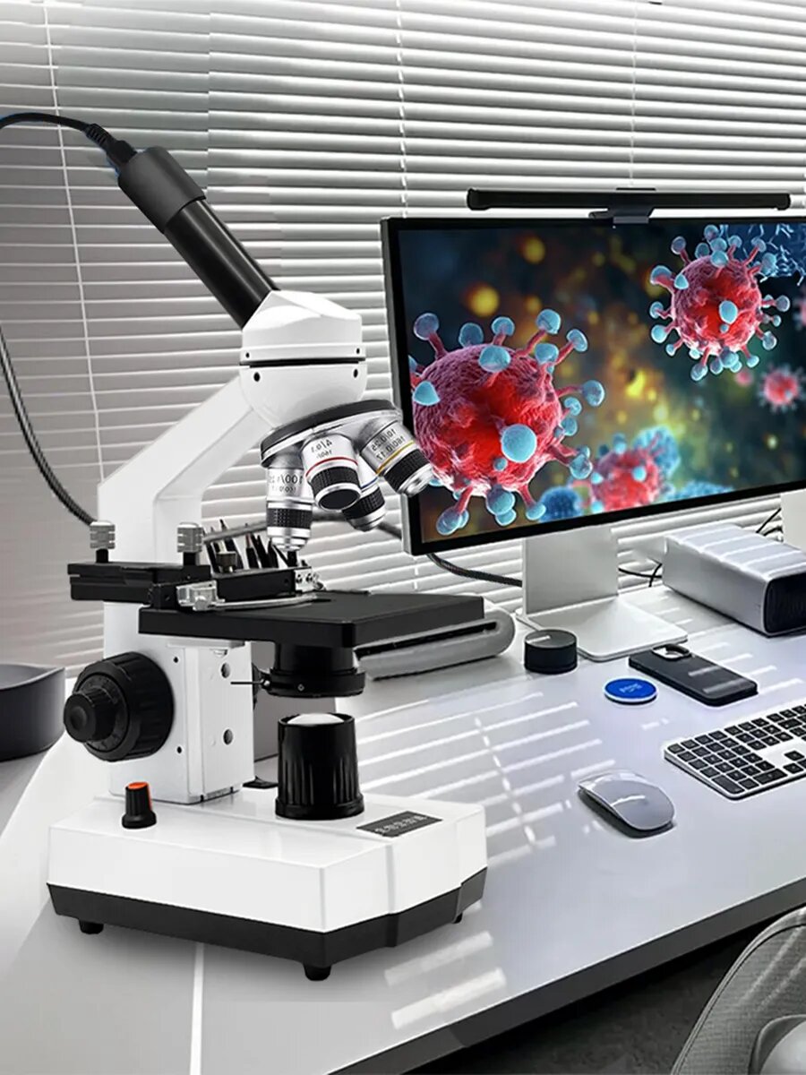 Микроскоп бинокулярный 2500X, лабораторный, для школьной лаборатории, подсветка, USB
