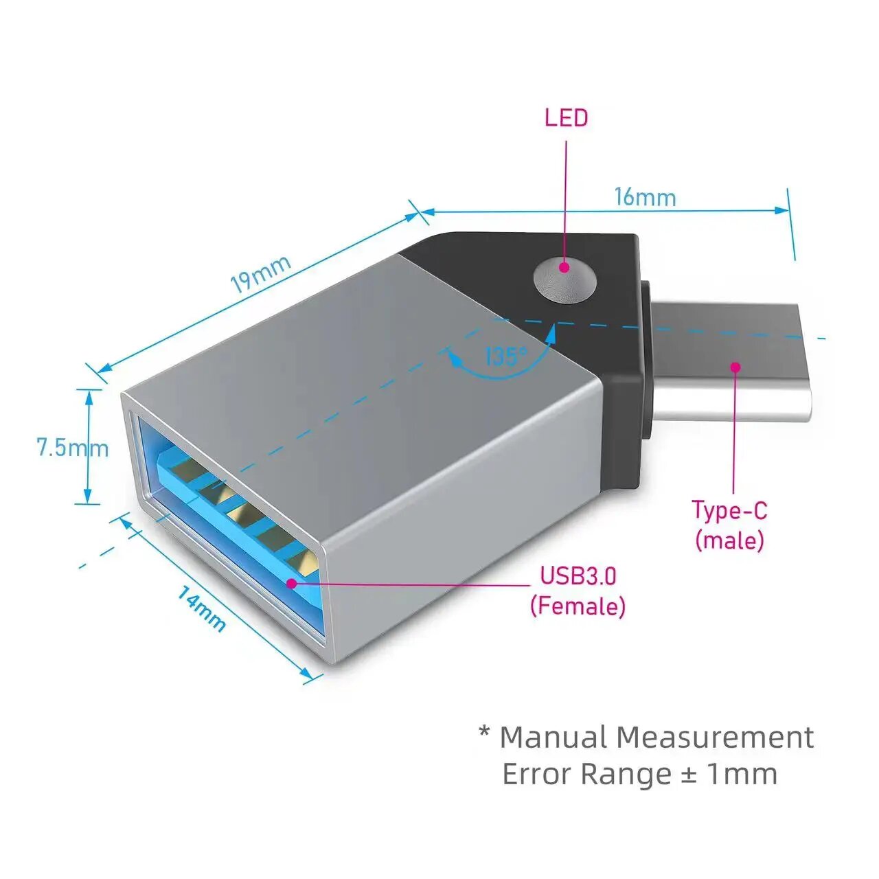 5 шт. USB Type-C на USB 3.0 угловой адаптер, серый — фото 1
