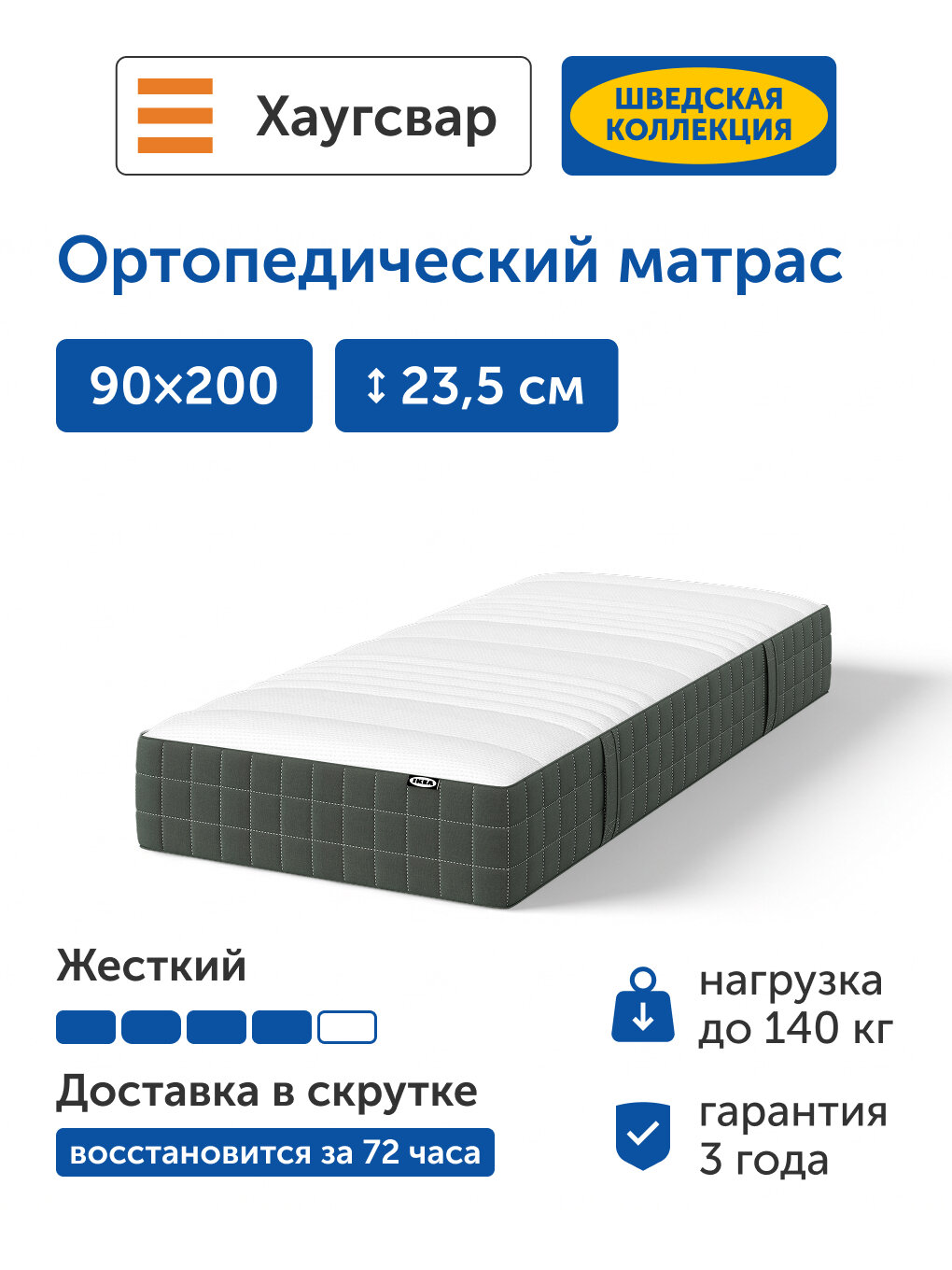 Ортопедический матрас IKEA/икеа Хаугсвар, независимые пружины, 90х200 см