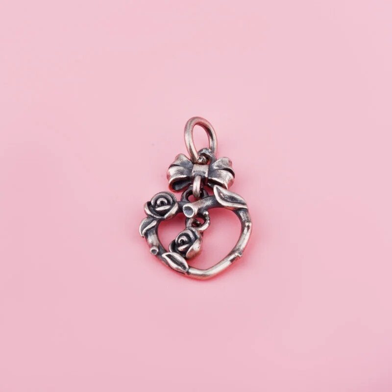 Кольцо из стерлингового серебра 925 пробы, винтажное кольцо с розовым сердцем, кулон с бантом, аксессуары из материала «сделай сам» ручной работы