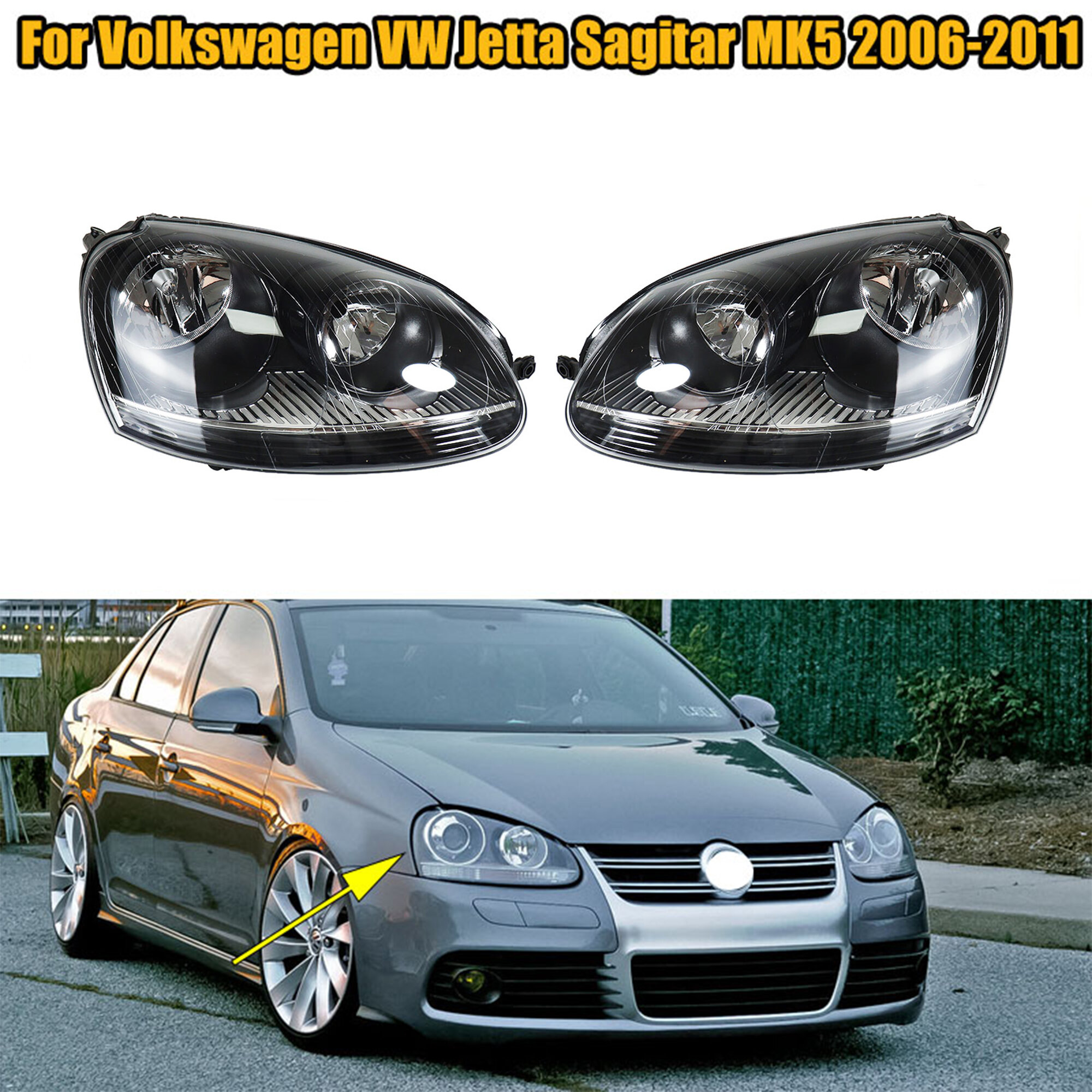 Дневные ходовые огни для Volkswagen Jetta (Sagitar) MK5 2006-2011, модель G-TD-9746 — передняя фара из ABS для VW