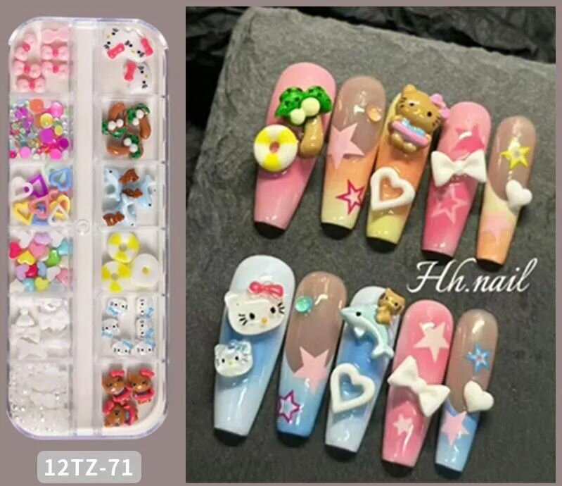 Фигурки для дизайна ногтей. 3Д объемные фигурки для маникюра и творчества. Набор 12 видов украшений - бантики, стразы, жемчужины, разноцветные.